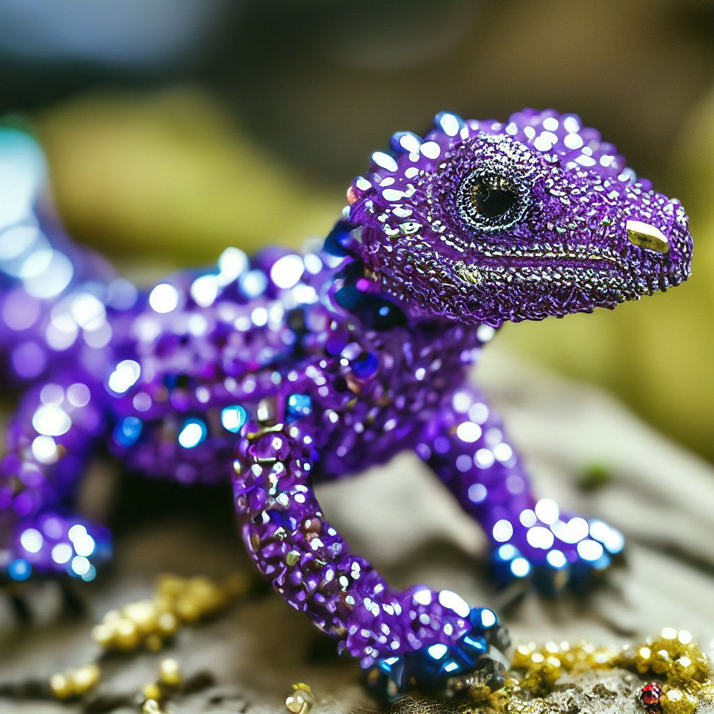 "A small lizard made entirely of small purple beads and purple ...