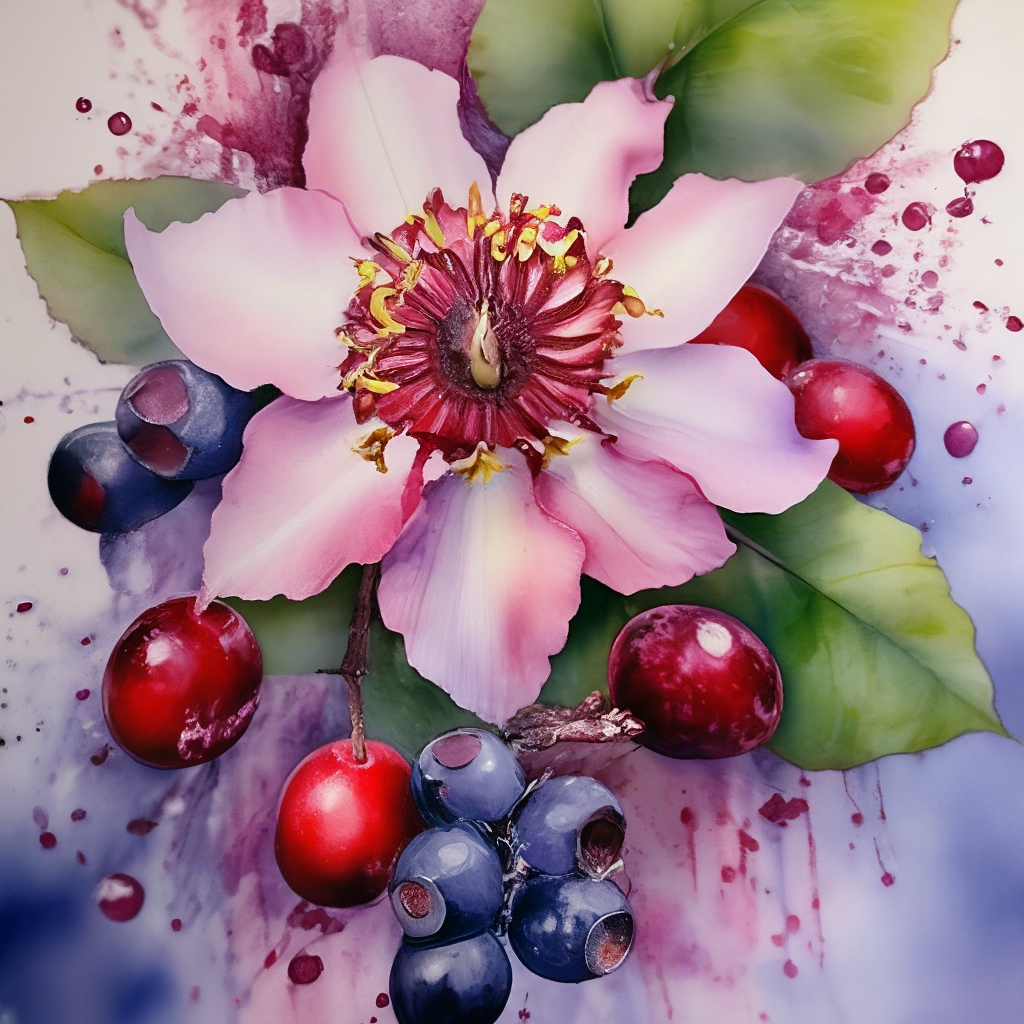 "Composition, cranberry berries, splashes, passion flower, complex ...