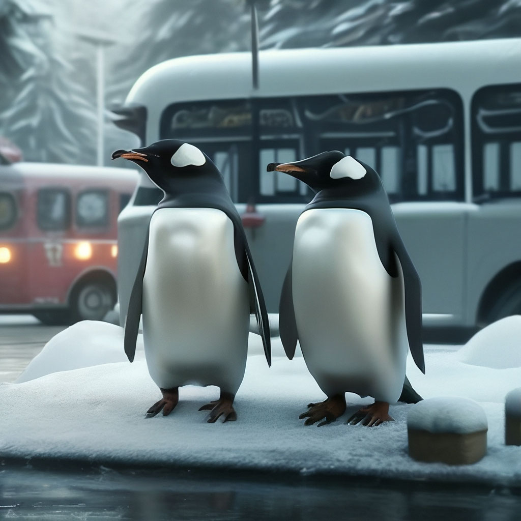 " ️ ️ ️ ️ ️ ️ two penguins are standing at the bus stop.winter ...