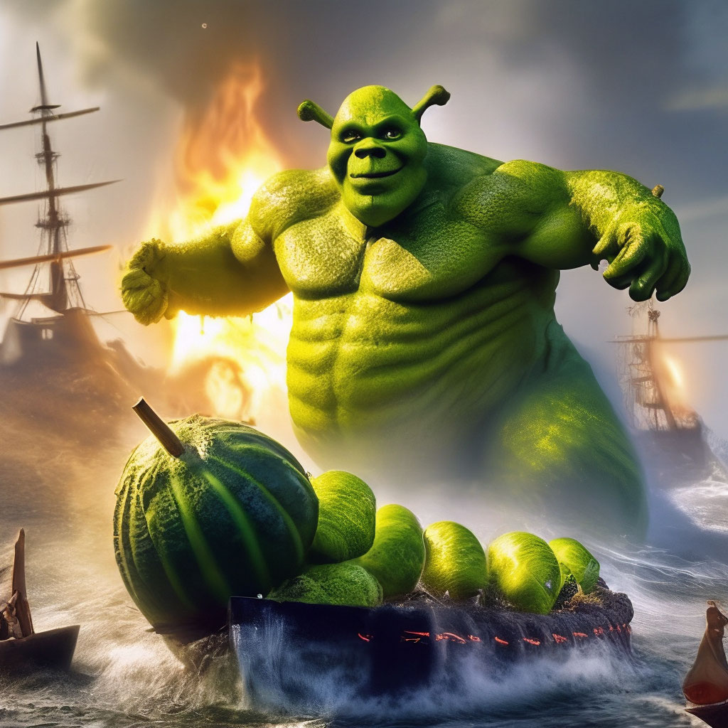 "Giant Shrek crushes ships with cucumber , like Godzilla, smashes ships ...