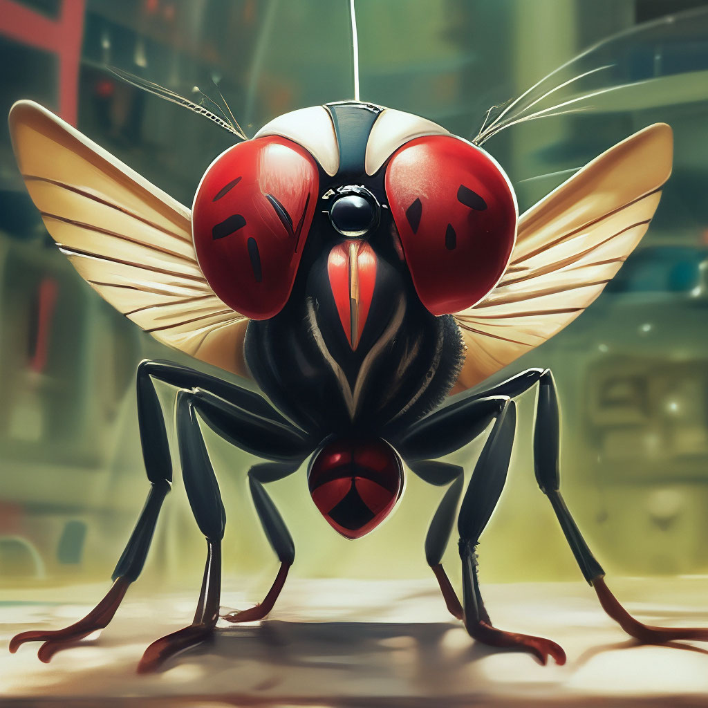 "Anthropomorphic, angry striped fly" — image created in Shedevrum