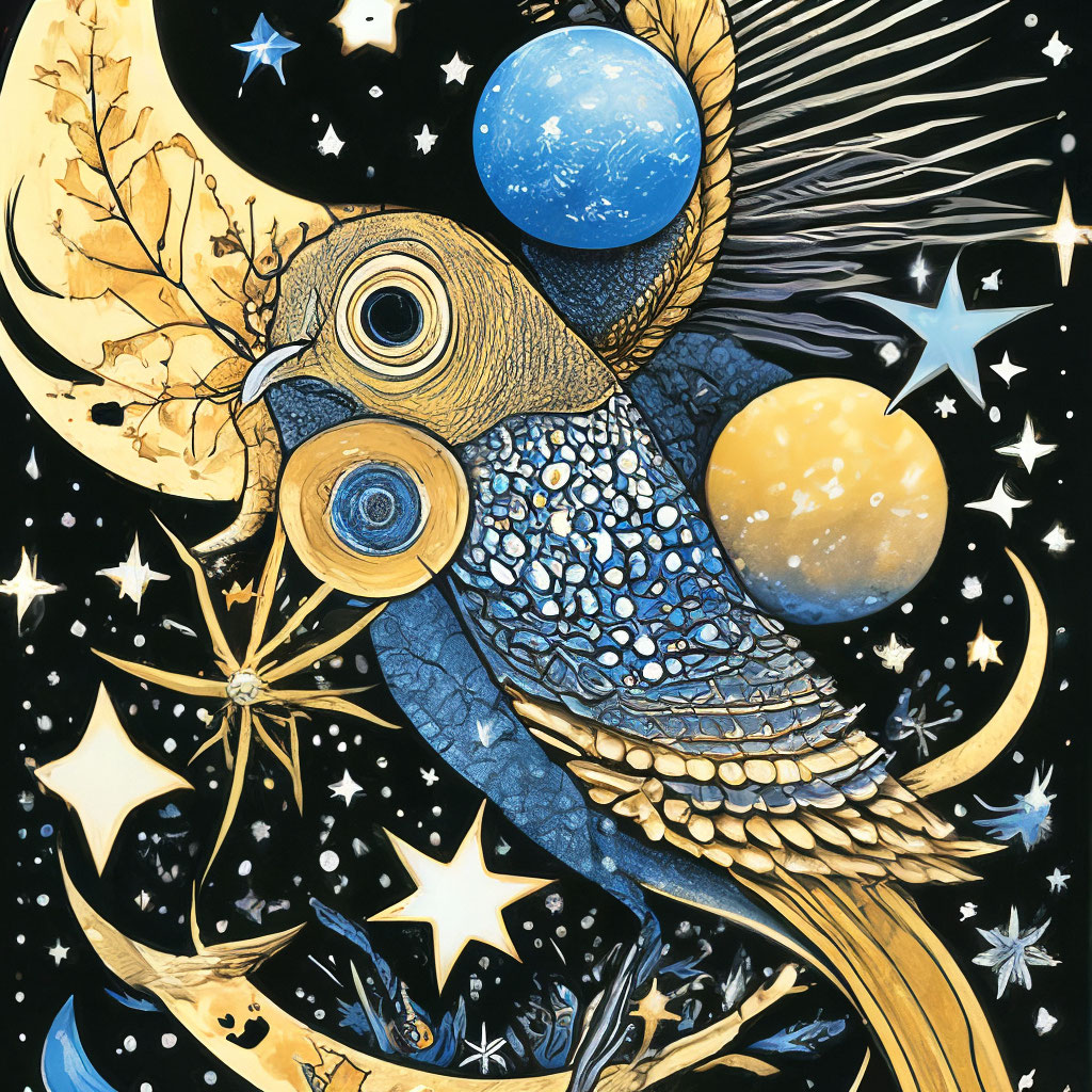 "Birds stars moon grotesque, horror in surrealism,black background ...