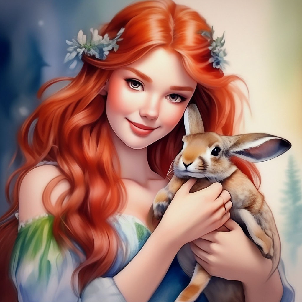 "Beautiful redhead Aurora girl holding a hare in her arms .High ...
