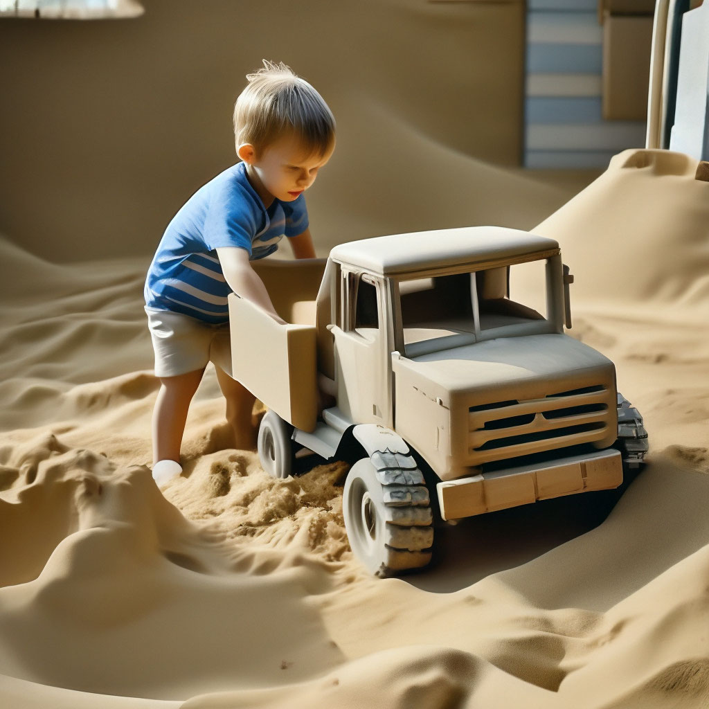 "A guy is playing in the sandbox, a small truck in the sand, a shovel ...