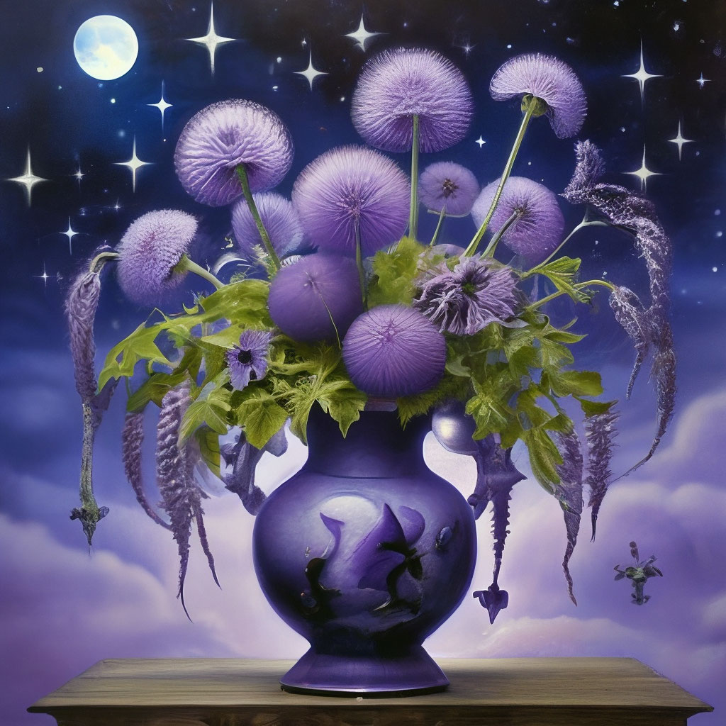 "Leaves, purple dandelions, creepers in a magic large vase, stars and ...