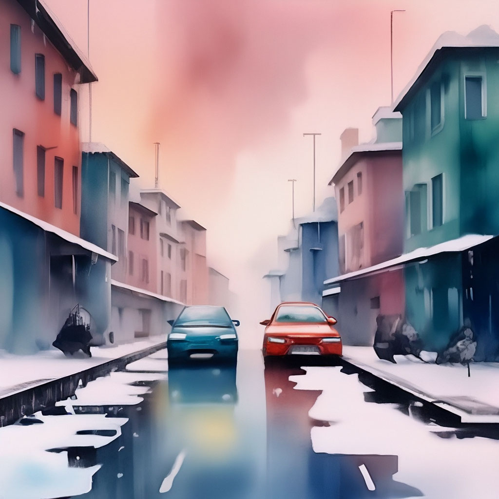 "Soft watercolor, slippery streets, foreign cars kissing, minimalism ...