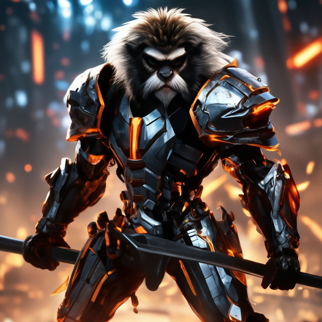 "A bearded tamarin with an axe defeats a cyborg in the arena, full ...