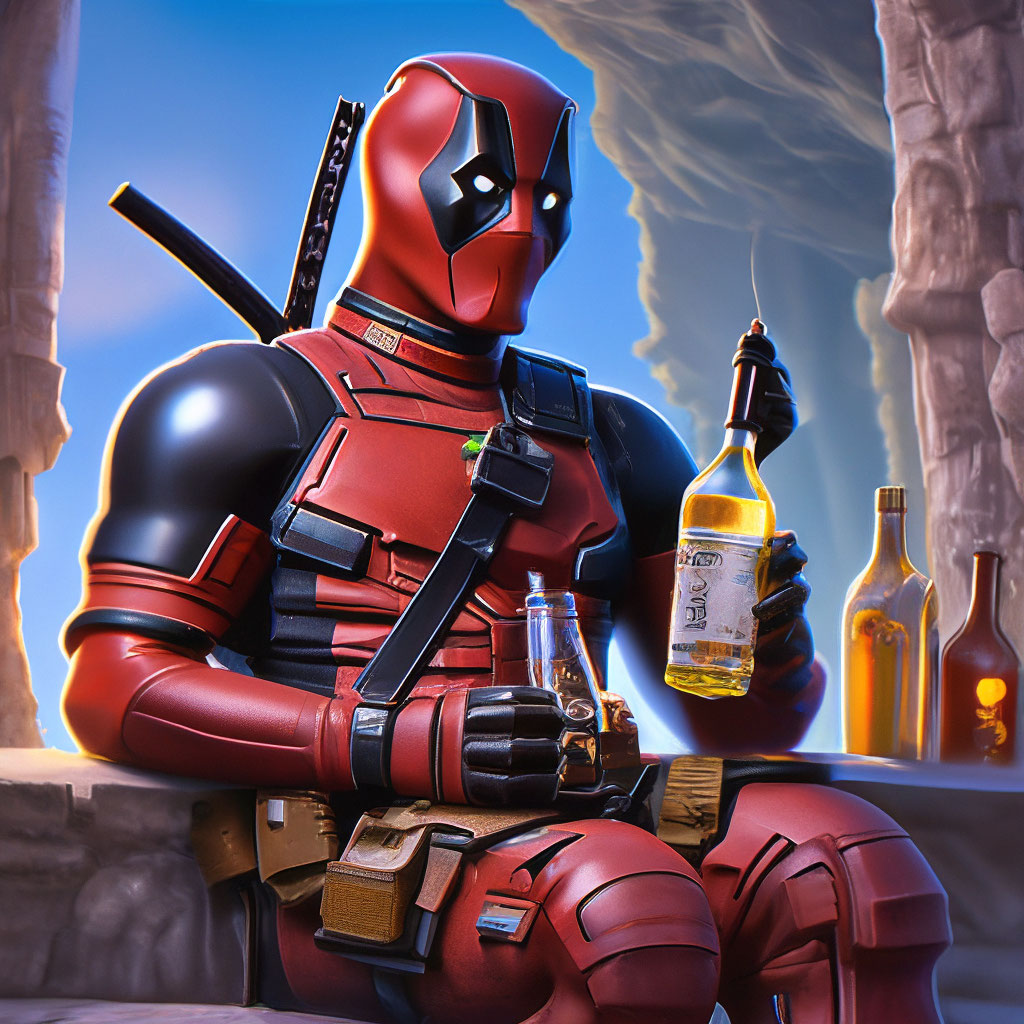 "Deadpool is sitting and sad with a bottle of booze on the edge of the ...
