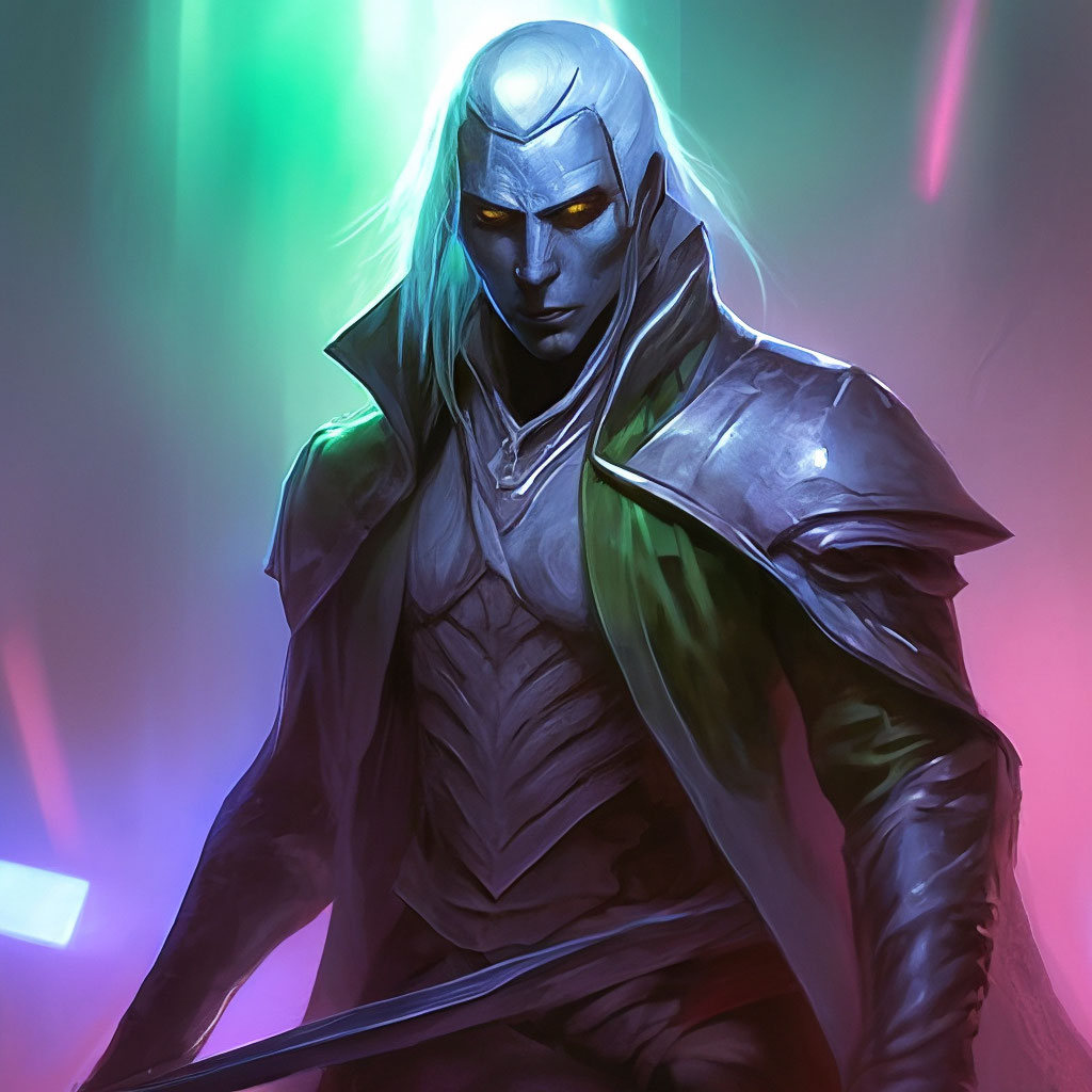 "Drow, grey skin, male, assassin" — image created in Shedevrum