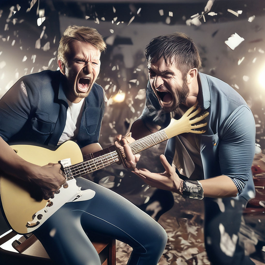 "Angry musician smashes guitar on vocalist's head, aggressive look ...