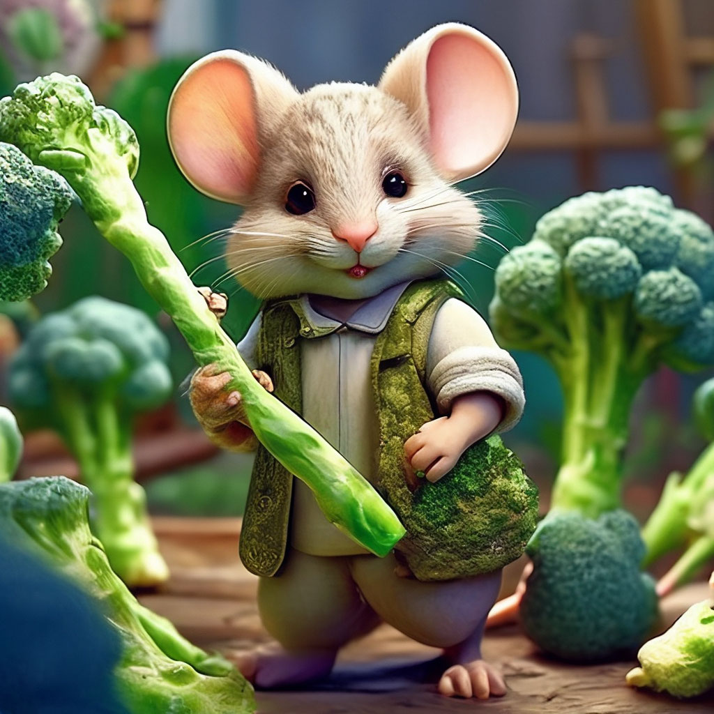 "An anthropomorphic cute mouse takes care of broccoli in the garden ...
