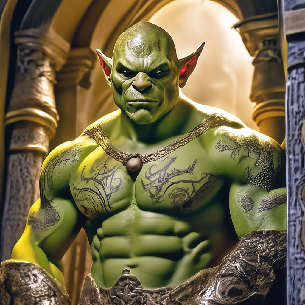 "Fantasy,A beautiful young Orc at the door to an ancient castle,stairs ...