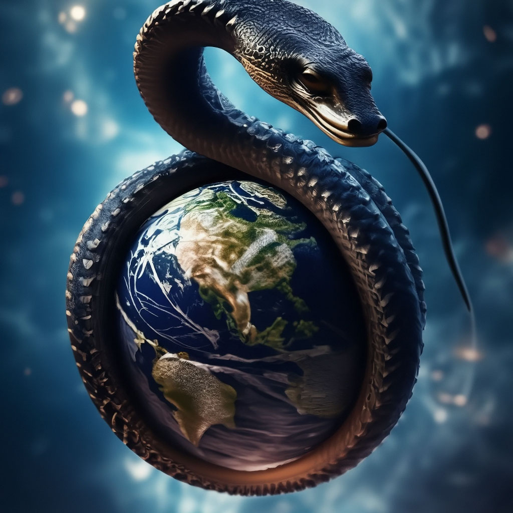 "Snake squeezes the planet against the background of space, cgi, 3d ...