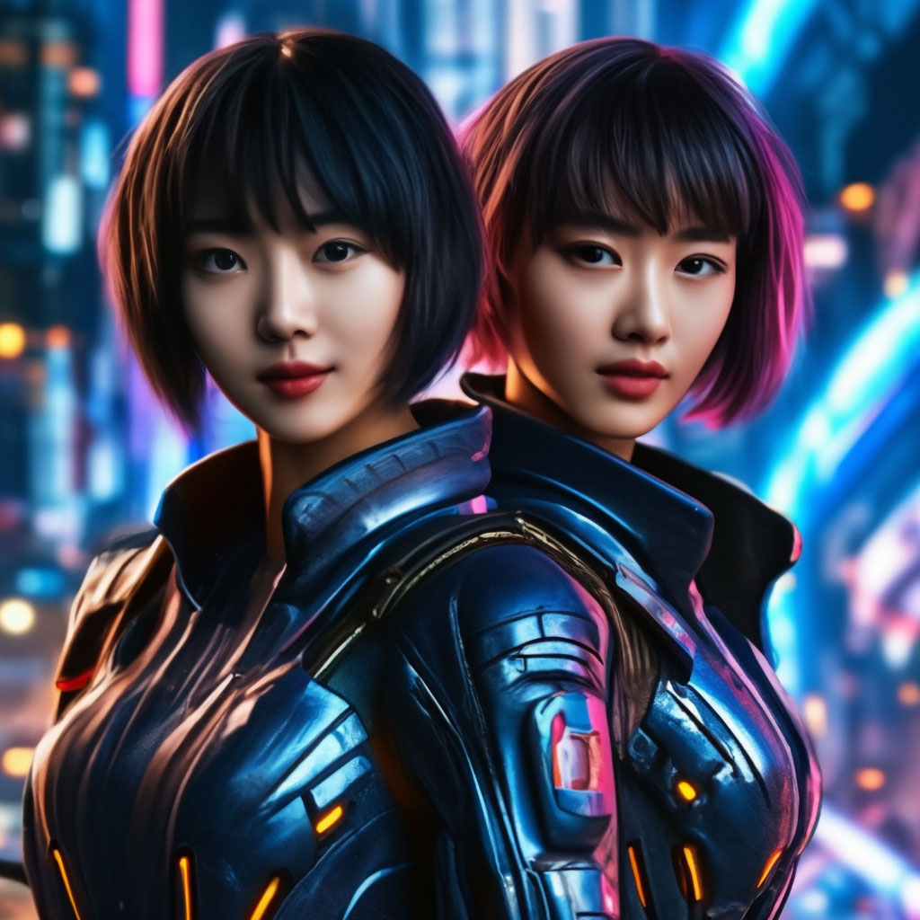 "Cosmos,planet neptune, 2 asian girls,short hair,bangs,red lips ...