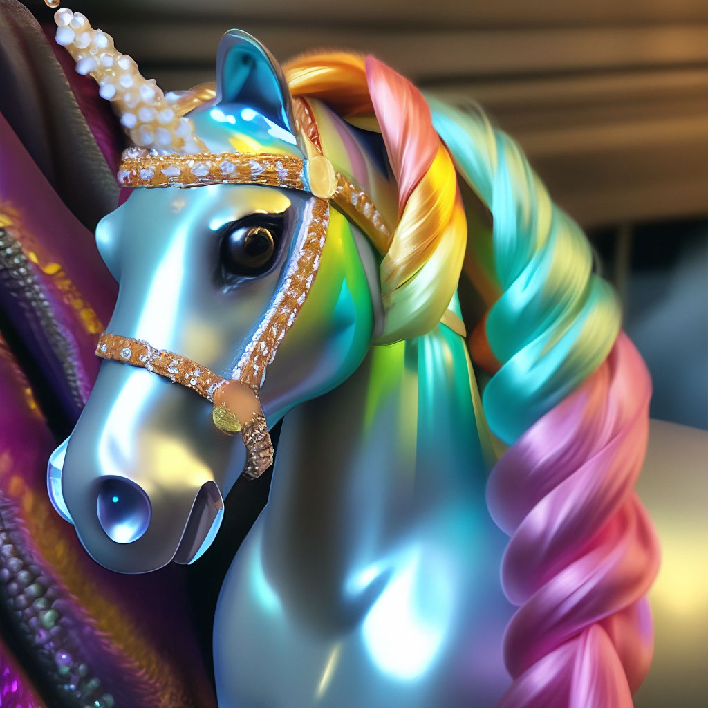 "A metallic rainbow-colored pony with a mother-of-pearl mane braided ...