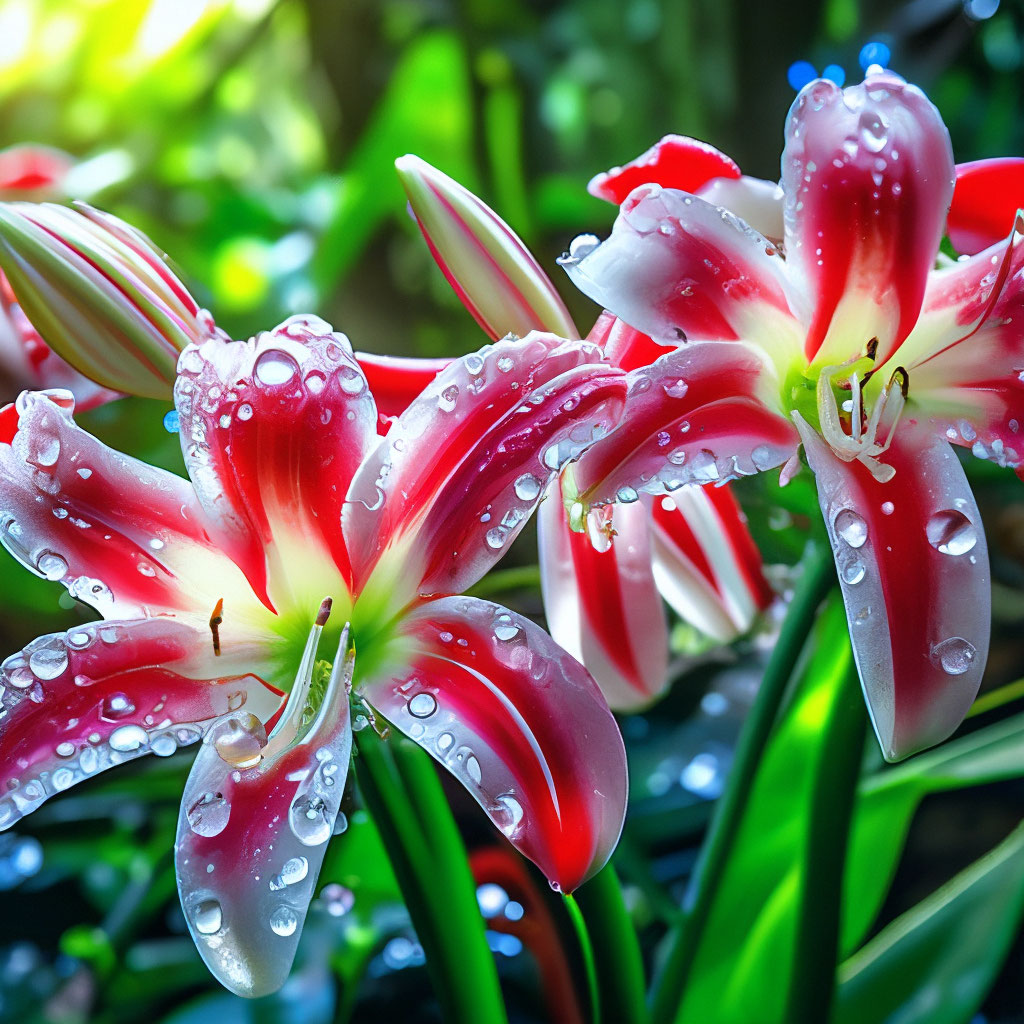 "Beautiful lilies; red petals with white + azure + bright green stripes ...