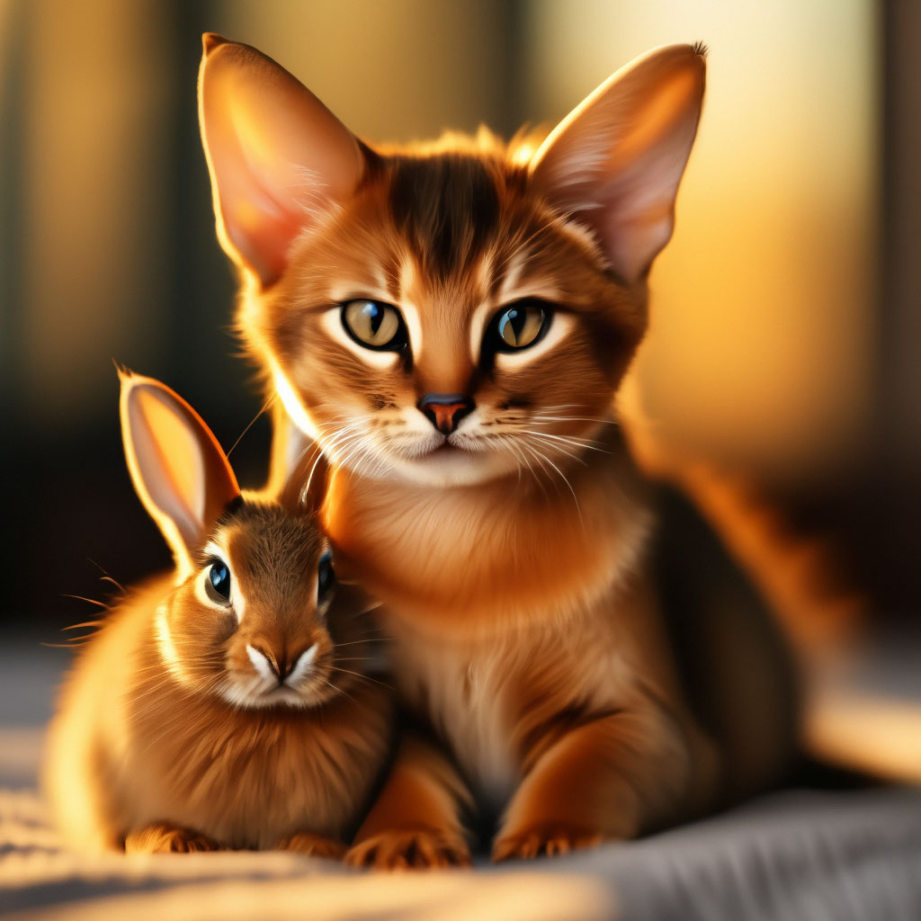 "Abyssinian kitty with a red fluffy rabbit" — image created in Shedevrum