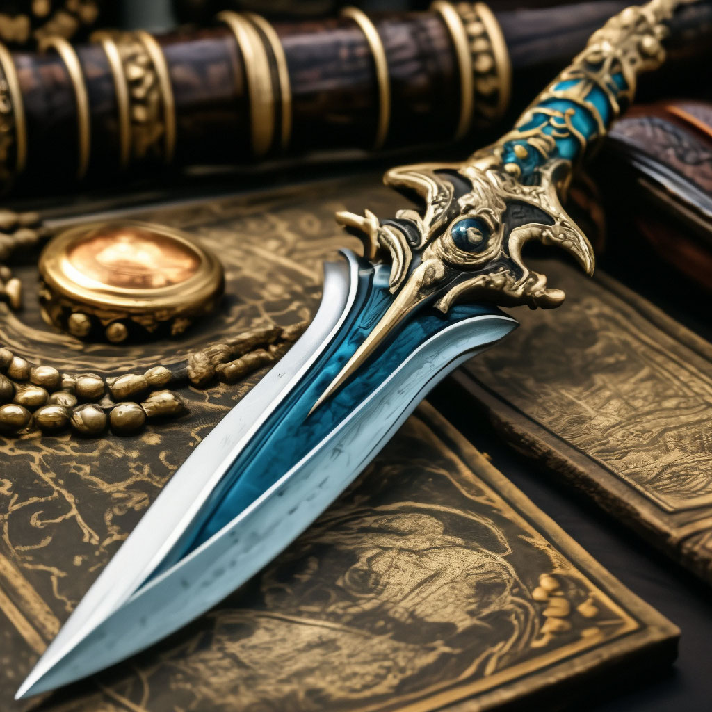 "Antique treasure map, mystical oriental dagger of the Persian dragon ...