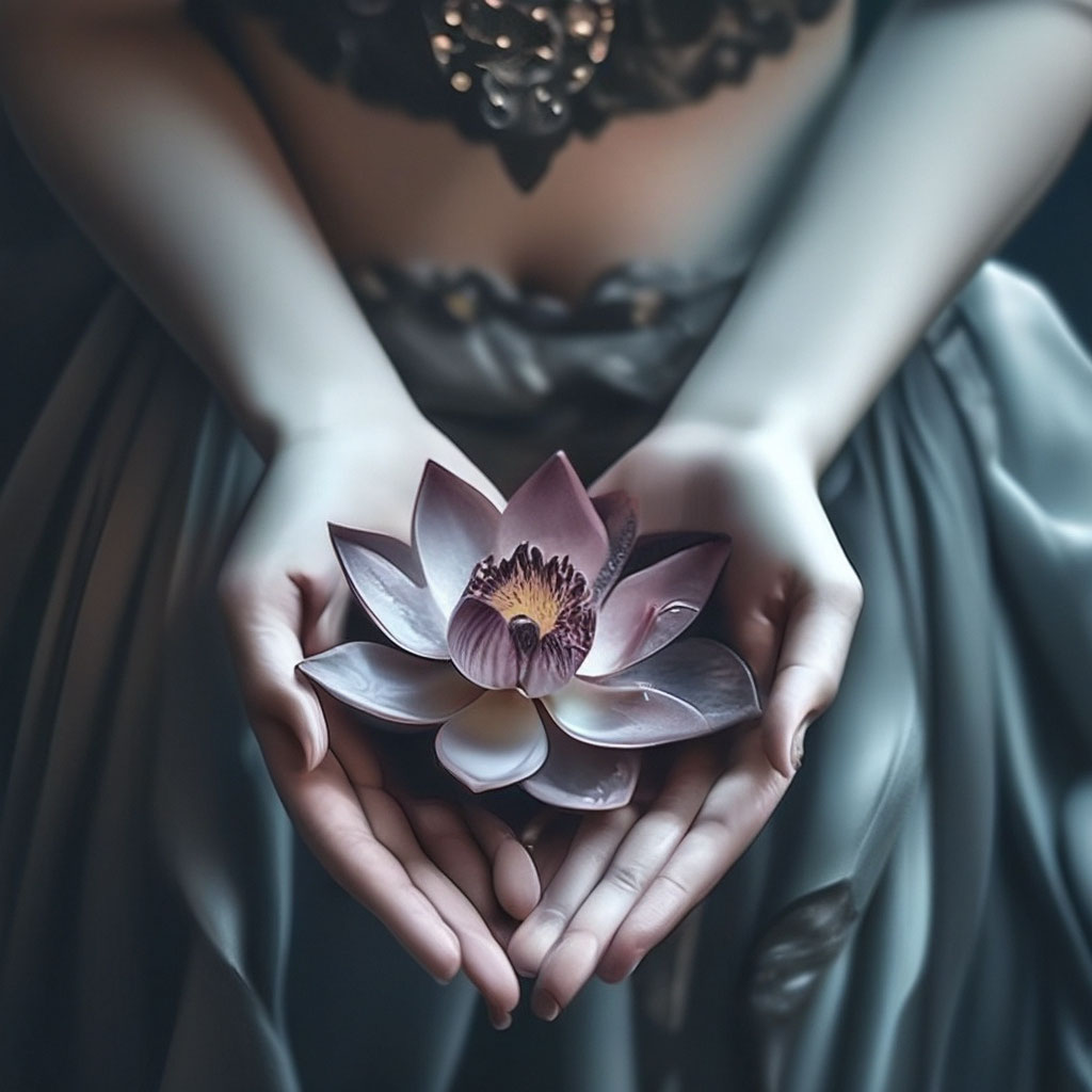 "Beautiful hands, symmetrical hands, lotus, matte filter, tenderness ...