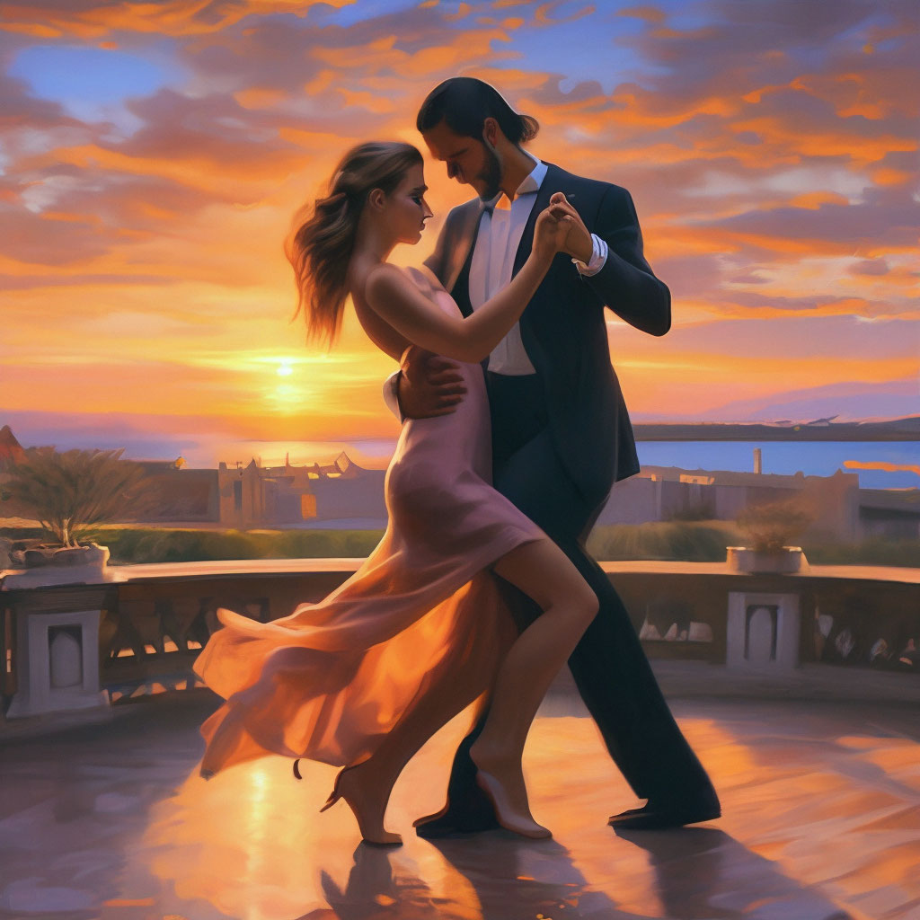 "A girl dancing a tango with a man on the background of a sunset ...