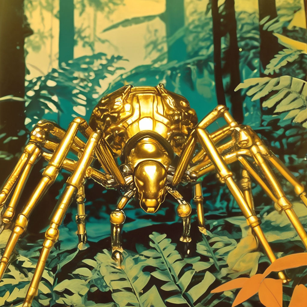 "A spider in gold and titanium armor in the thicket of the forest ...