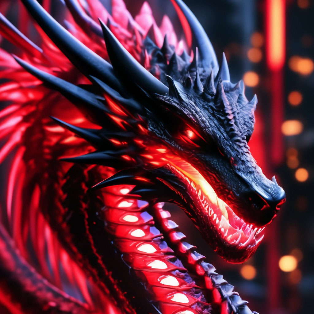 "🐉 Black and red neon glowing beautiful dragon" — image created in ...