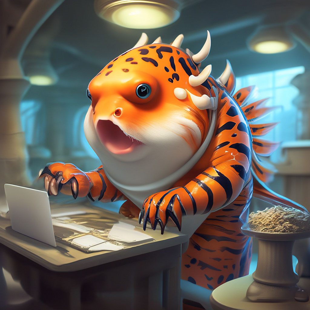 "Blowfish with tiger paws at work" — image created in Shedevrum