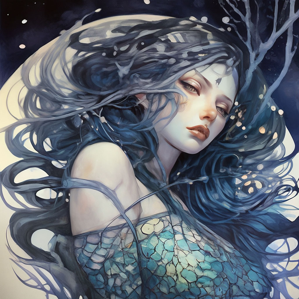 "Mermaid, pale skin, dark hair, wet shirt, tina in her hair, horror ...