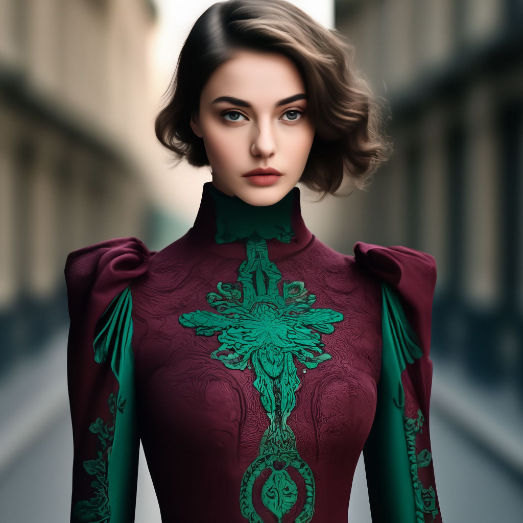 "Fashion photo model in a closed dress with a sheila, in the colors of ...