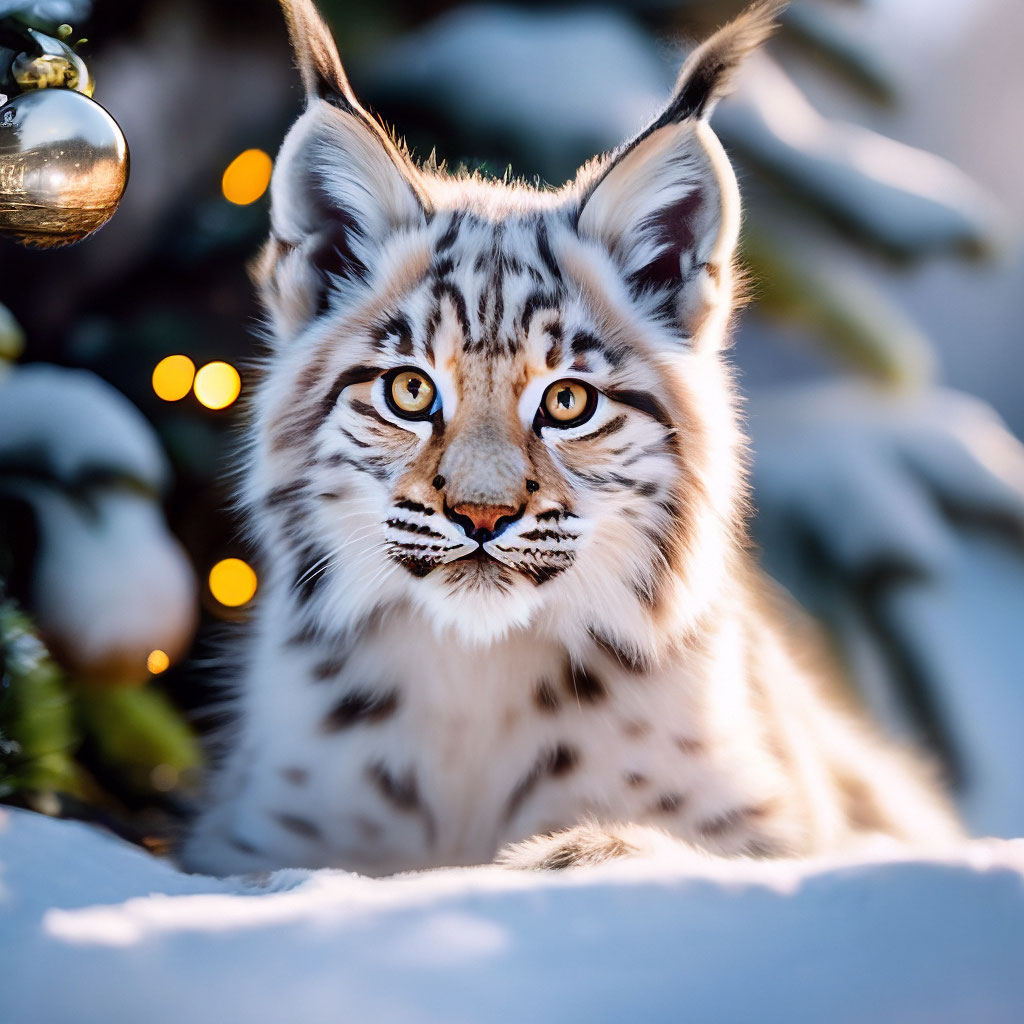 "🧊🥰 cute white lynx cub sitting under a Christmas tree in the snow ...