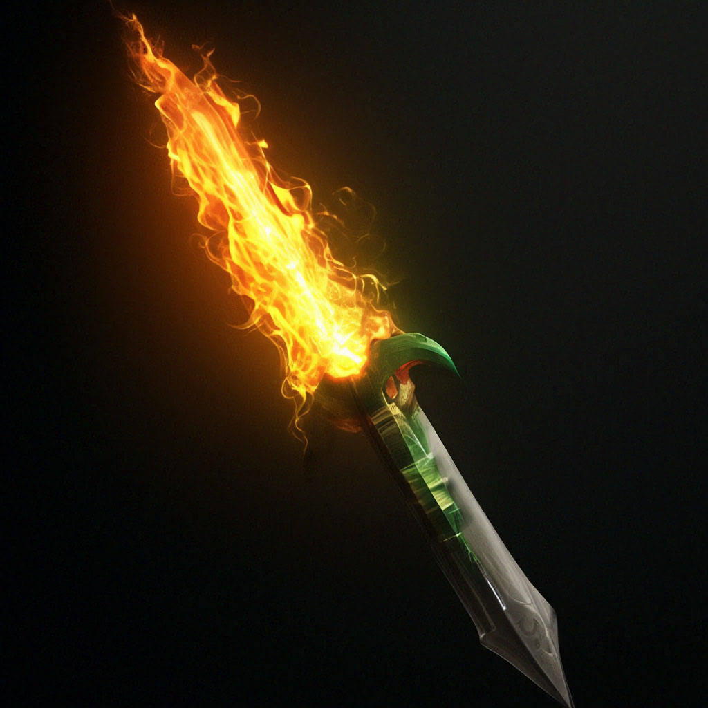 "Green fire from the handle of the knife. Just the hilt and the fire a ...
