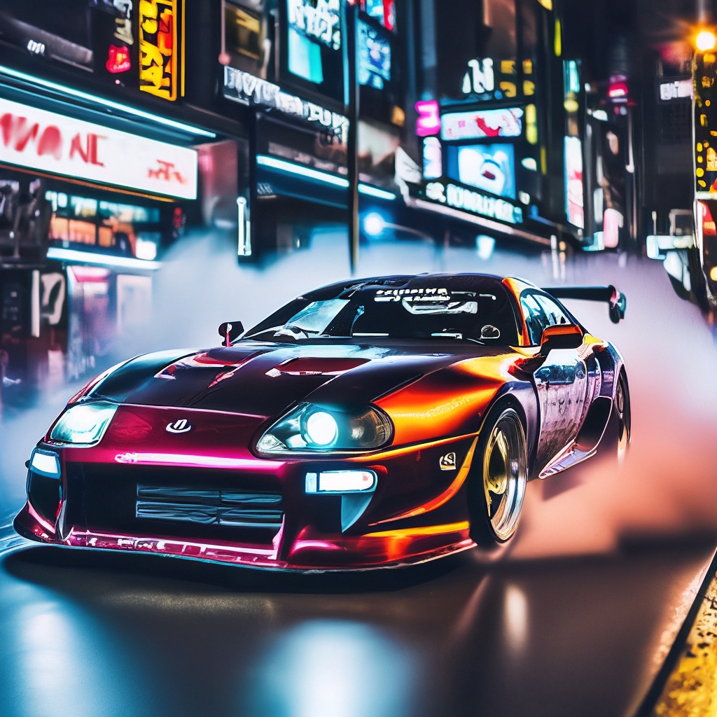 "Toyota Supra from Smoky Nagata in Tokyo at night, burnout, smoke from ...