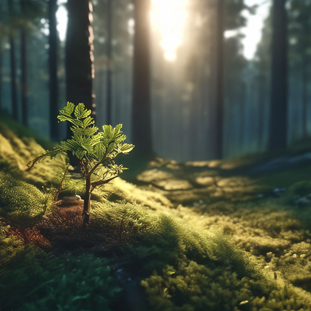 "Dark dense pine forest, twilight, oak sprout in the weak rays of the ...
