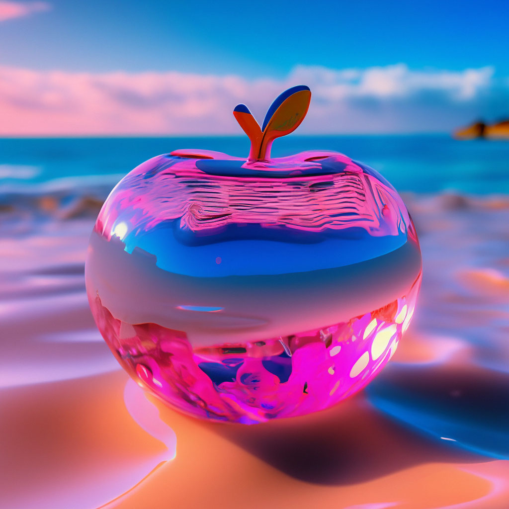 "Crystal apple in the middle of the ocean in the water on the sand ...