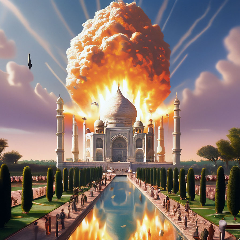 "The Taj Mahal after the nuclear explosion" — image created in Shedevrum