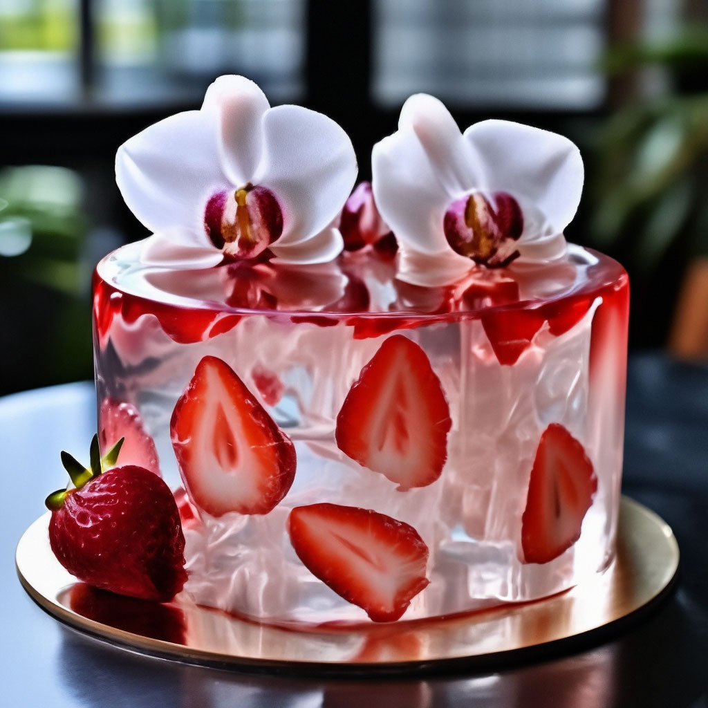 "A cake made of transparent epoxy resin inside a strawberry transparent ...