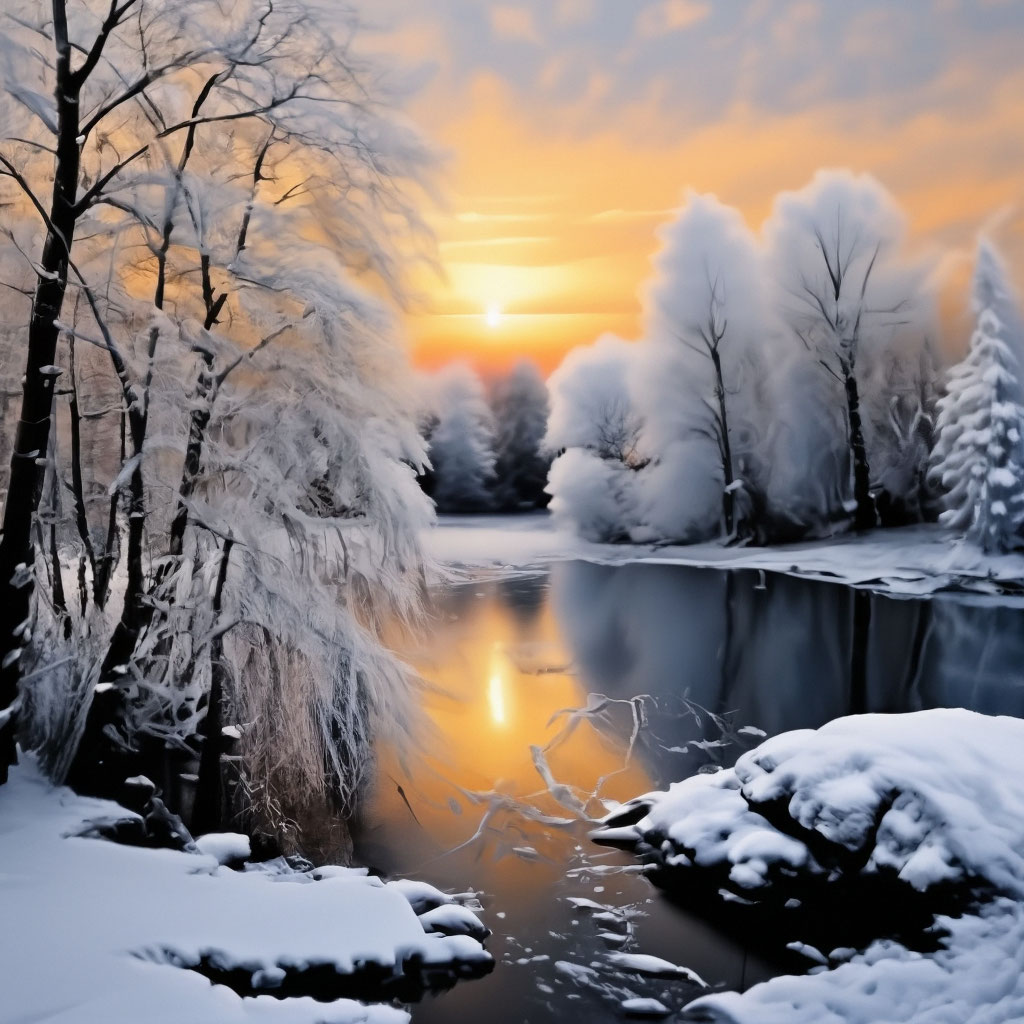"Landscape winter filigree, silver-white snow, thin branches of trees ...