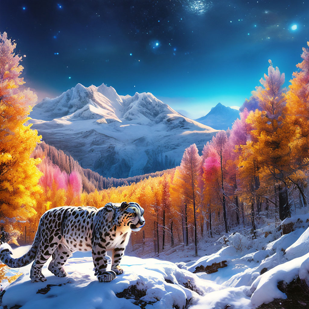 "Landscape, forest, starry sky, snow leopard, autumn, colorful trees ...