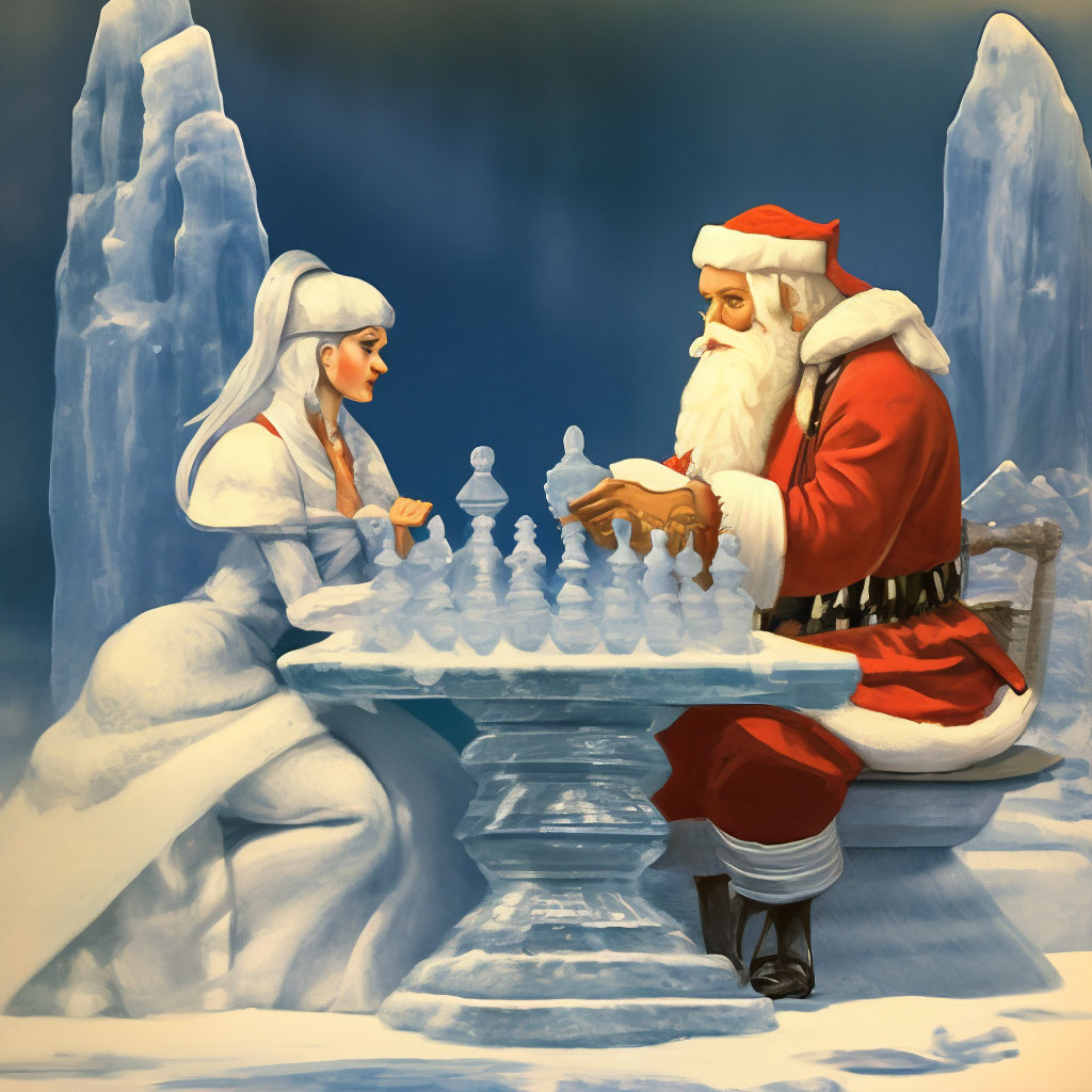 "Santa Claus and Snow Maiden play chess made of ice" — image created in ...