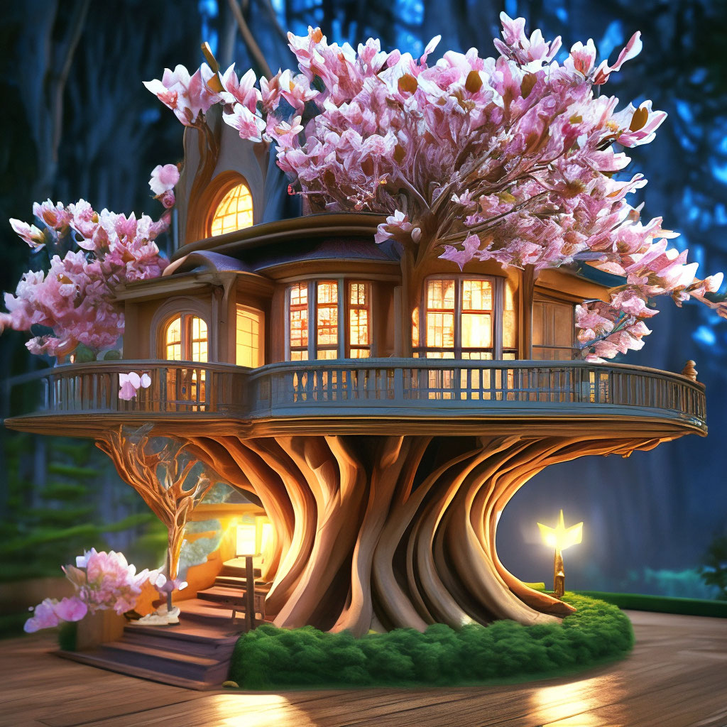 "Magnolia tree house inside the trunk, elvish baroque architecture ...
