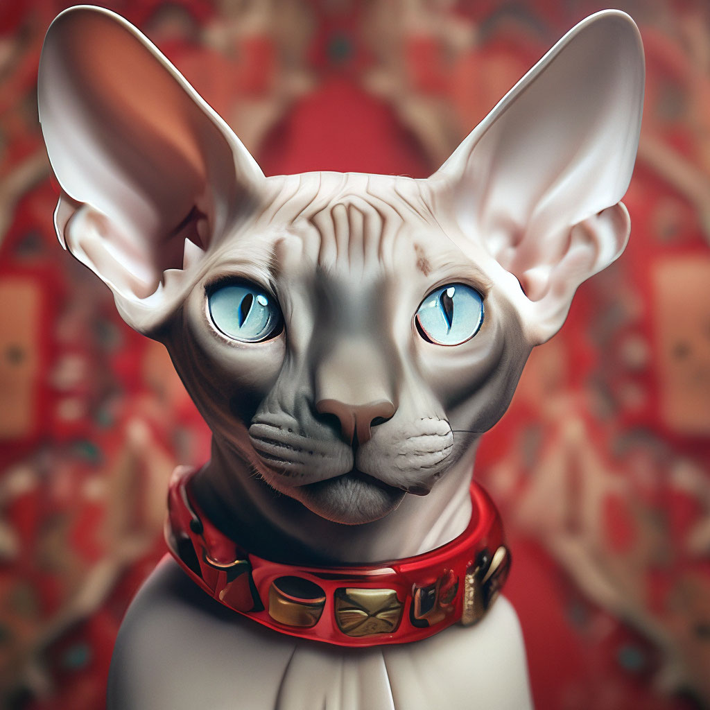 "epical cat of the Sphinx breed in a red collar, expressive eyes ...