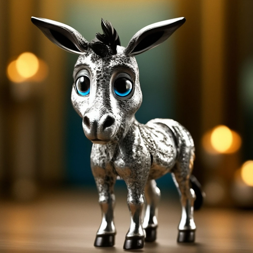 "Miniature, jewelry platinum donkey figurine with big sad eyes, digital ...