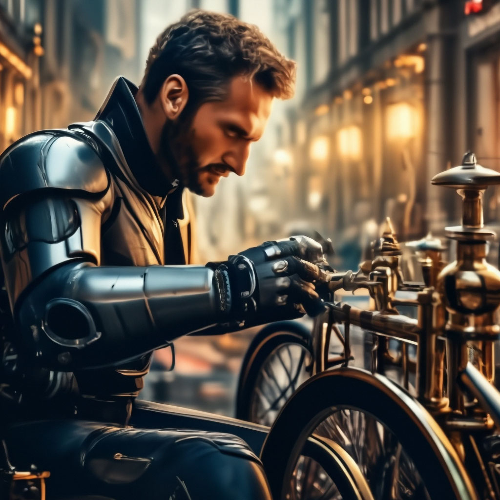 "The future 3750,the man of the future cyborg repairs a bicycle powered ...