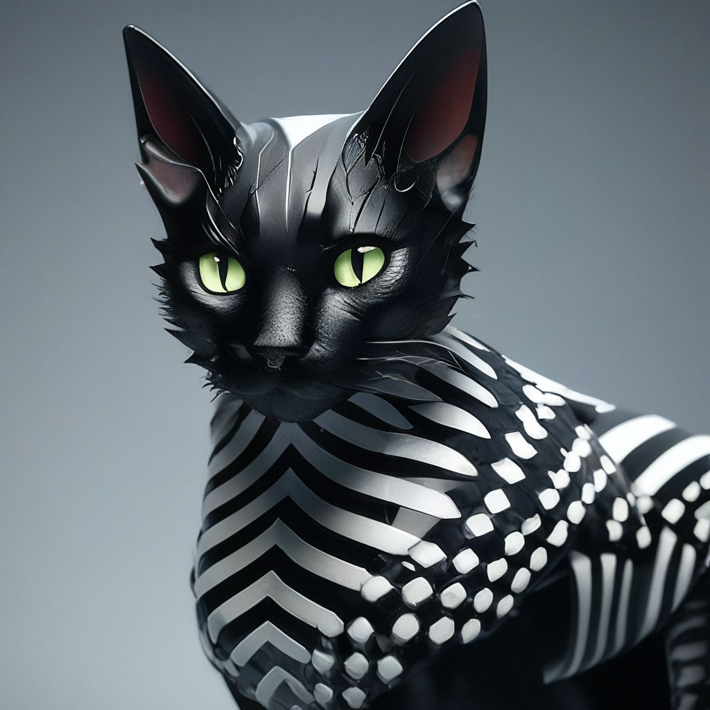 "Hyperrealistic anthropomorphic black cat with white stripes detolation ...