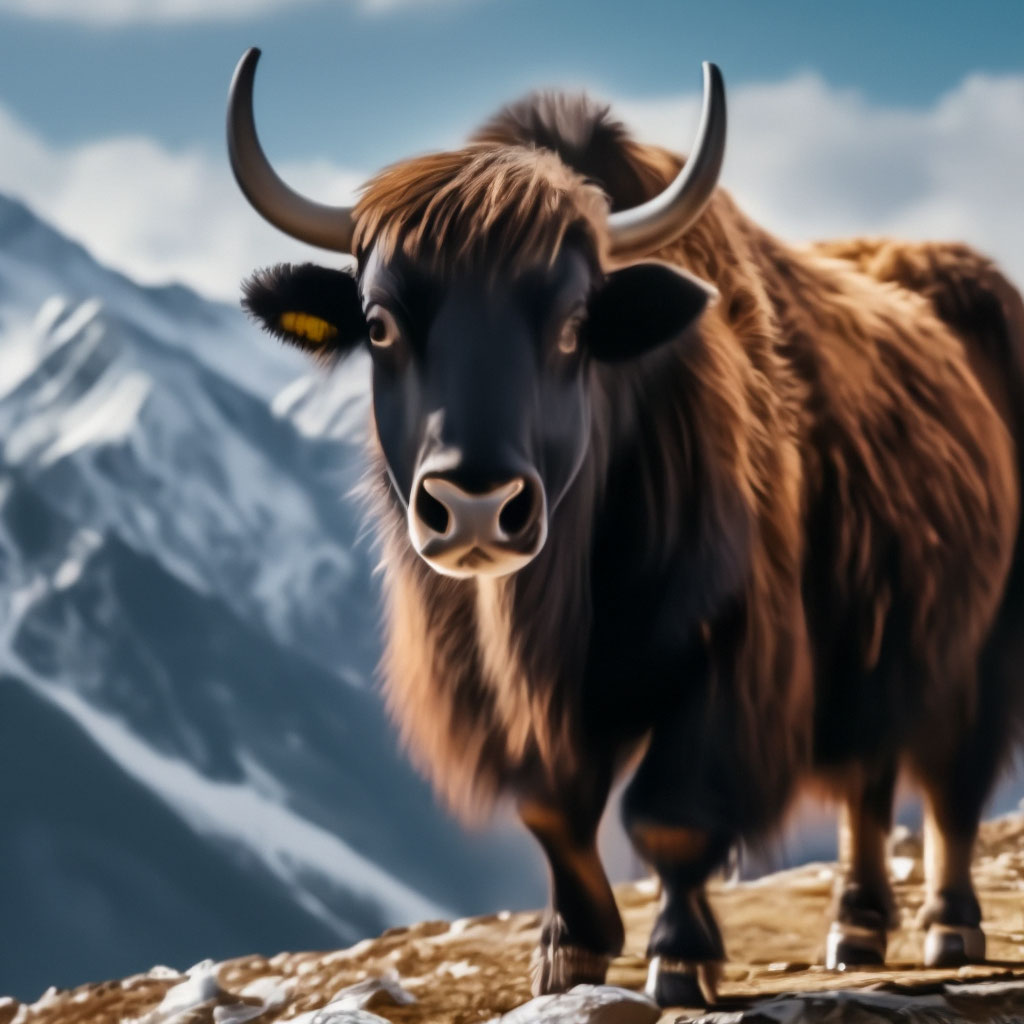 "Yak the yak proudly walks along the mountain range, looking around in ...