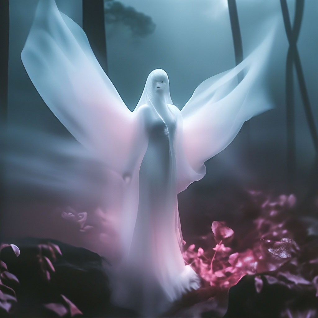 "Ghostly spirit in a gloomy forest, fog and cloud, transparency ...