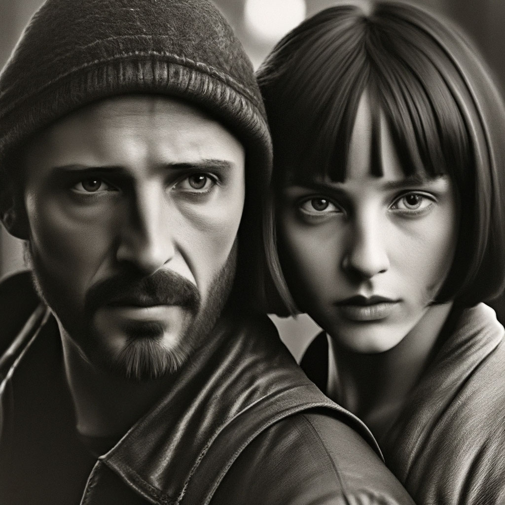 "Leon and Matilda, photorealistic, monochrome photo, retrophoto, sepia ...