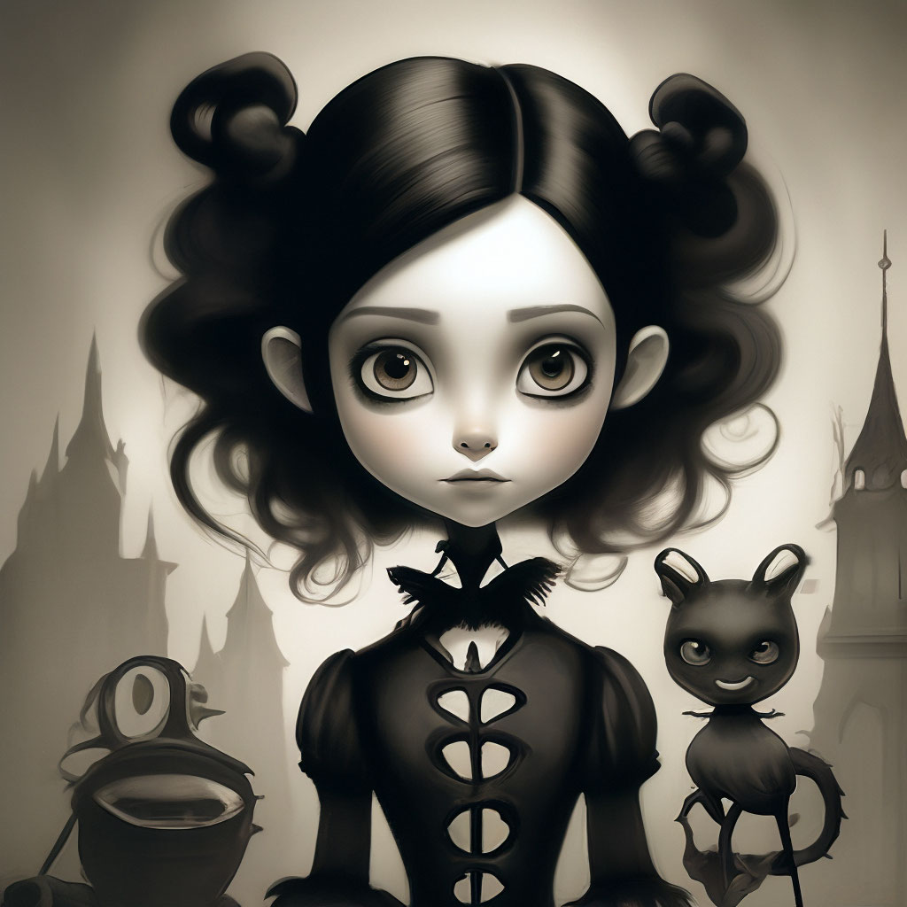 "A black-haired girl with brown eyes in the style of Tim Burton ...