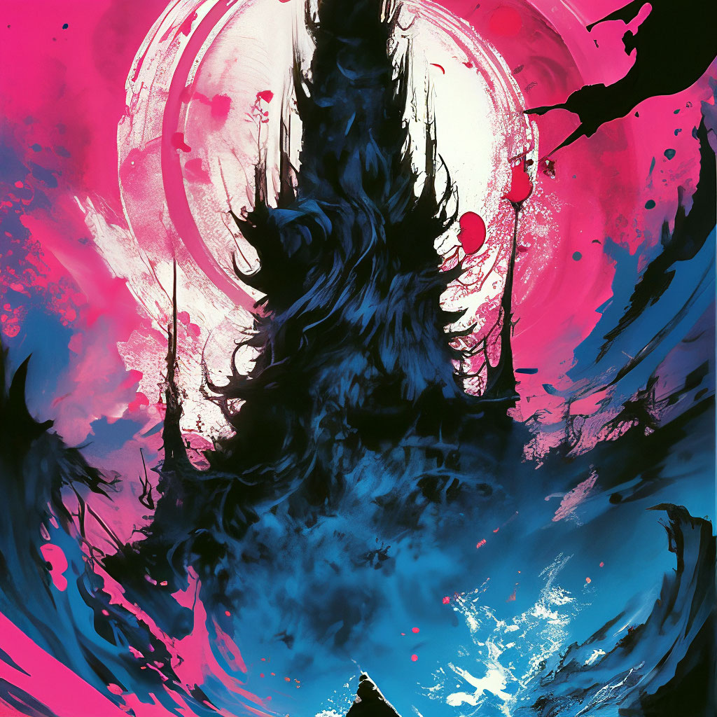 "Tower, mordor, eye of sauron, ink, darkness, pink splashes, blue ...