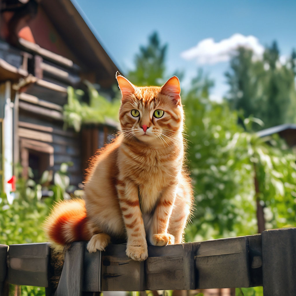 "Red cat sitting on the fence, russian village, summer, sunny ...